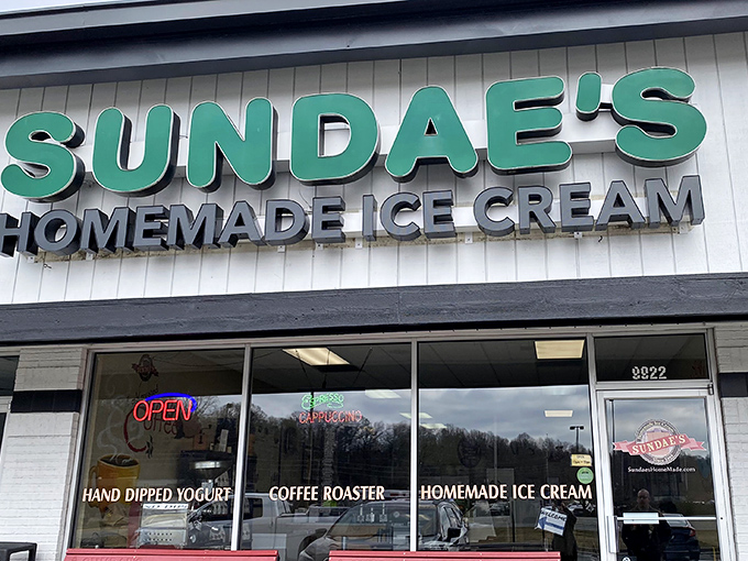 That teal sign isn't just advertising ice cream—it's a beacon of hope in a world of mediocre desserts. Sundae's unpretentious storefront promises homemade bliss waiting inside.