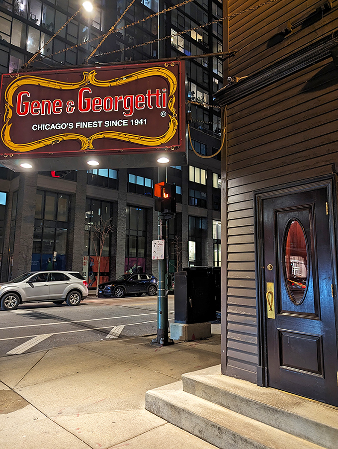 The iconic red and gold sign beckons like a lighthouse for steak lovers. Chicago's culinary history hangs right there on Franklin Street. Photo Credit: Andy P