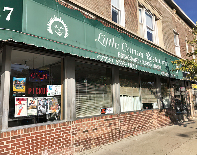 The emerald awning stands like a beacon of comfort on this Chicago street corner, promising simple pleasures without pretension.