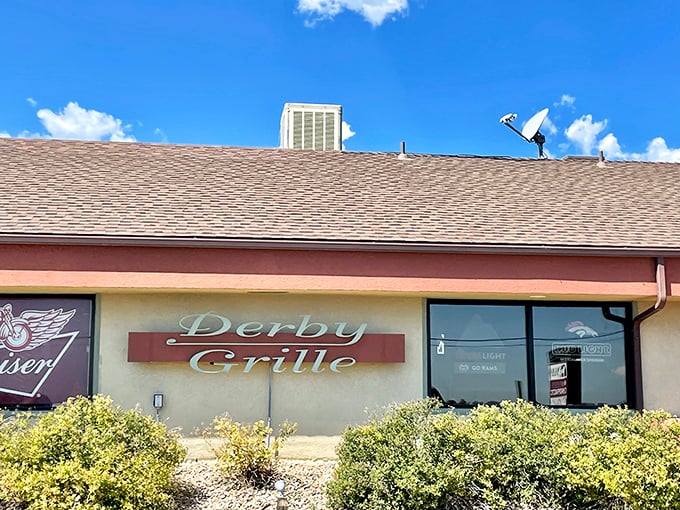 The Derby Grille stands ready for hungry visitors, with motorcycles lined up outside like dinner guests who couldn't wait to get a table.