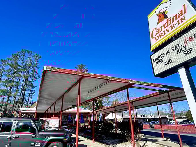 The iconic Cardinal Drive-In sign stands tall against the Carolina blue sky, beckoning hungry travelers with its retro charm and promise of comfort food paradise.