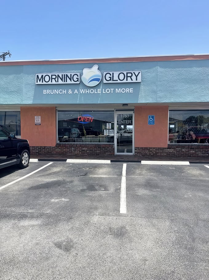 The bright blue exterior of Morning Glory serves as a beacon for breakfast enthusiasts seeking their morning salvation in Satellite Beach.