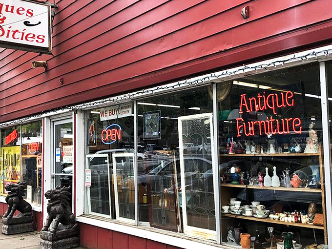 The wagon wheel above the storefront isn't just decoration—it's a time machine invitation to step back into a world where treasures await.