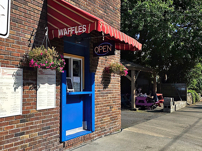 The iconic red awning and bright blue window frame announce Portland's waffle wonderland like a beacon for the breakfast-obsessed.