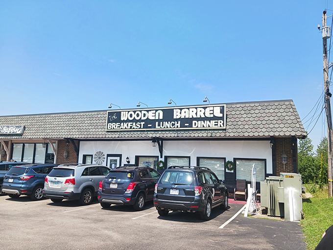 The unassuming exterior of The Wooden Barrel stands like a culinary lighthouse in West Chester Township, beckoning hungry travelers with its straightforward promise of "BREAKFAST - LUNCH - DINNER."