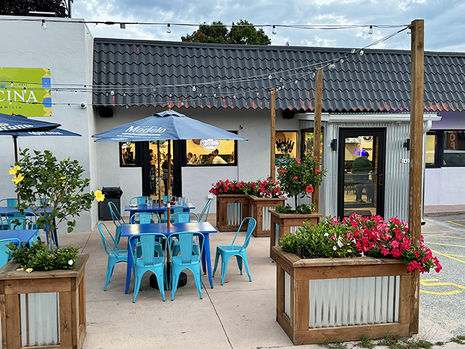 The unassuming white exterior with cheerful blue chairs hints at the culinary treasures within. Like finding a diamond in Wisconsin's cheese country.