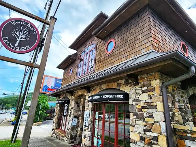 Storybook charm meets serious coffee credentials at White Birch Provisions. The stone-and-cedar shake exterior with those whimsical round windows practically whispers, "Come inside, the coffee's extraordinary."