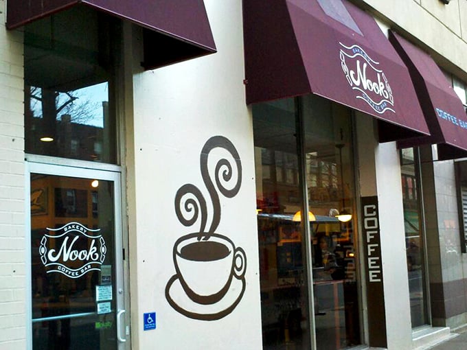 The iconic burgundy awnings and whimsical steaming coffee cup mural welcome you to this Philadelphia treasure – like a caffeinated beacon for the weary traveler.