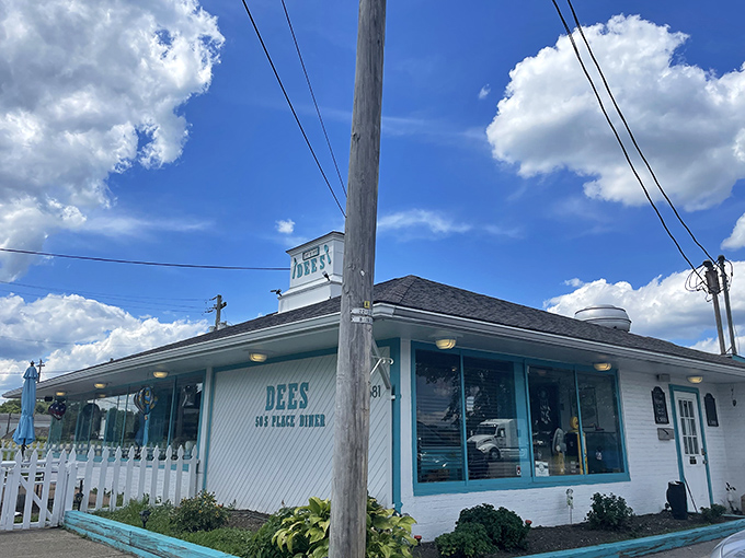 The turquoise trim on Dee's 50's Place Diner isn't just a design choice—it's a beacon calling hungry travelers home to Barberton's time capsule of comfort food