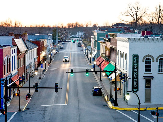 Main Street Stanford looks like it's waiting for a movie crew—but this isn't a set, it's genuine small-town America preserved in living color.