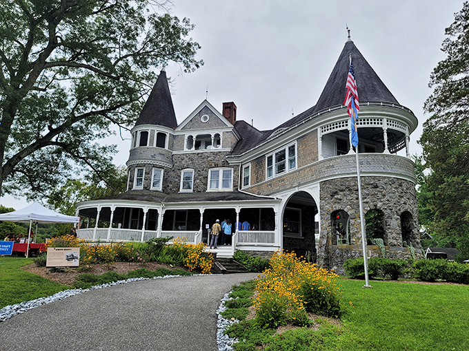 The Marshall mansion stands like a Victorian dream, its turrets and wraparound porch inviting you to step back into a more elegant era.