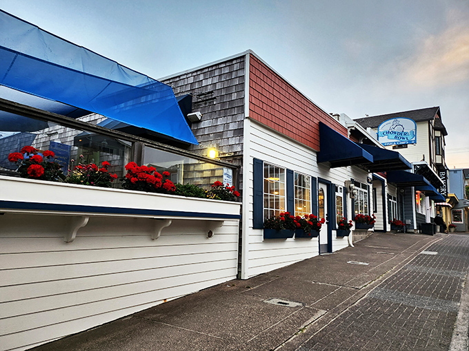 The quintessential Oregon coast welcome: blue skies, salty air, and the Chowder Bowl sign promising seafood that was swimming this morning.