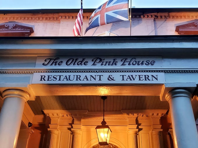The blush-colored mansion stands proudly on Reynolds Square, proving that real men (and buildings) can wear pink and still look absolutely magnificent.