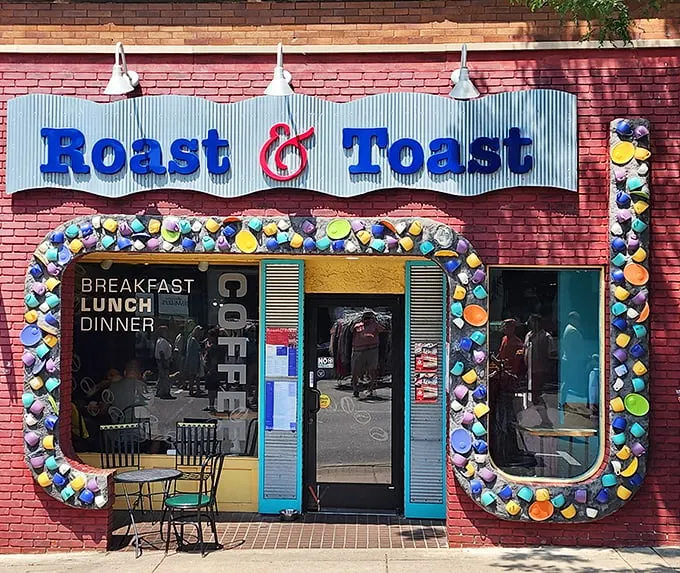 The colorful coffee mug entrance to Roast & Toast isn't just decorative—it's a caffeinated welcome committee promising good things await inside.