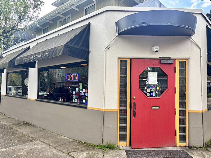The unassuming red door of Stepping Stone Cafe beckons like a secret portal to breakfast nirvana. Portland's hidden gems often come in modest packages.