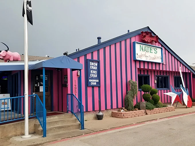 The pink-striped exterior of Nate's stands out like a flamingo in a penguin colony. Three flags flutter above this unassuming seafood sanctuary in Addison.