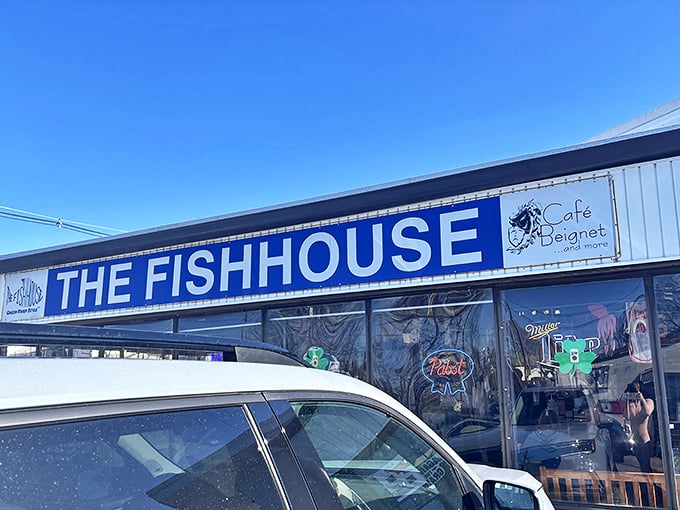 The blue sign beckons like a lighthouse for the seafood-starved. No fancy architecture needed when what's inside is this good.