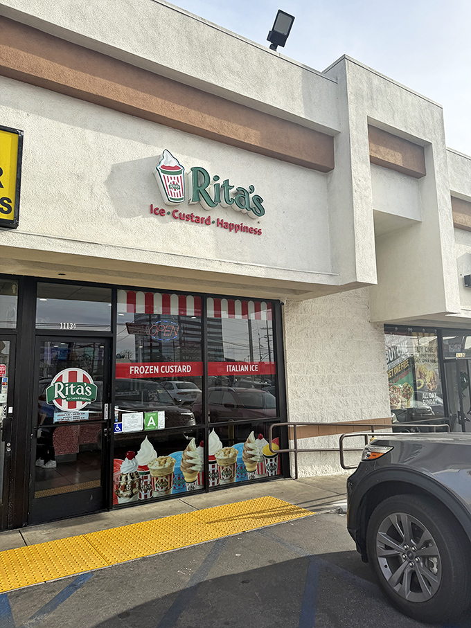 Rita's welcoming storefront promises "Ice, Custard, Happiness" – three simple words that might be the most honest advertising in Los Angeles.