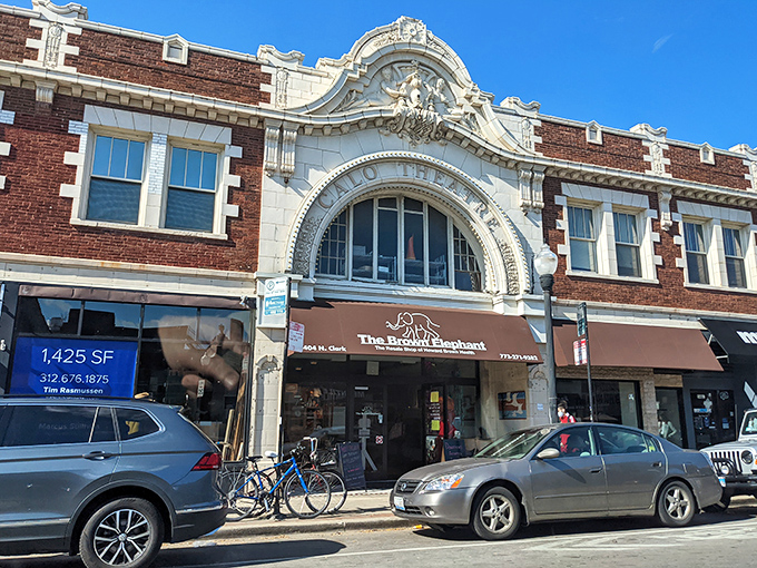 The grand architectural façade of The Brown Elephant stands proudly on Clark Street, like a palace dedicated to the art of secondhand treasures.