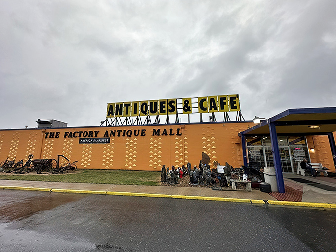 The sunshine-yellow exterior of Factory Antique Mall beckons like a beacon to treasure hunters.