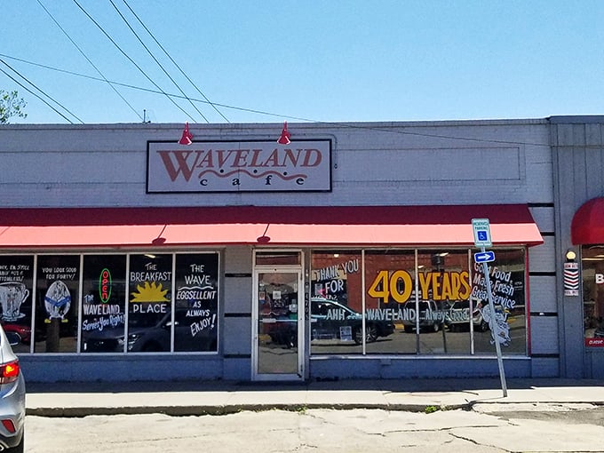 The unassuming storefront that's launched a thousand breakfast dreams. Waveland Cafe's exterior promises nothing fancy—just honest-to-goodness Iowa morning magic.