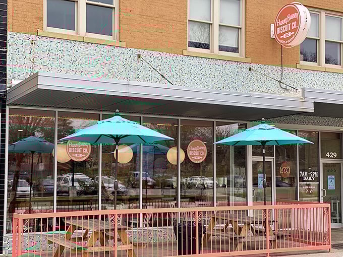 The cheerful yellow exterior with teal accents isn't just eye-catching—it's a morning beacon for carb enthusiasts across Oklahoma City.