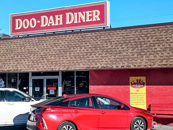 The unassuming red exterior of Doo-Dah Diner stands like a beacon of breakfast hope in Wichita. Don't let the simple facade fool you.