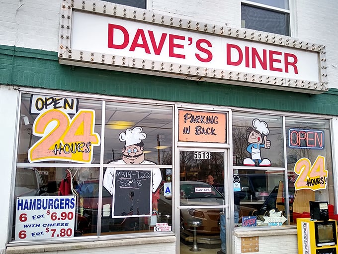 The classic illuminated sign beckons hungry travelers like a lighthouse for the breakfast-obsessed. Dave's Diner keeps it simple—no fancy façade needed when the food speaks volumes. 