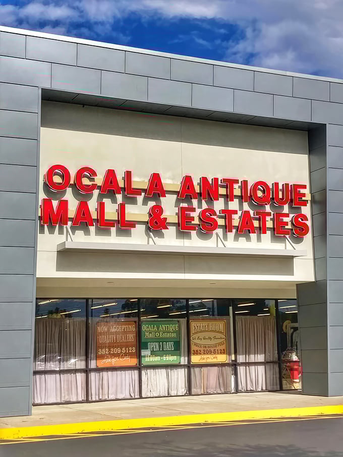 The bright red signage of Ocala Antique Mall beckons treasure hunters like a lighthouse for nostalgia seekers in search of memories.