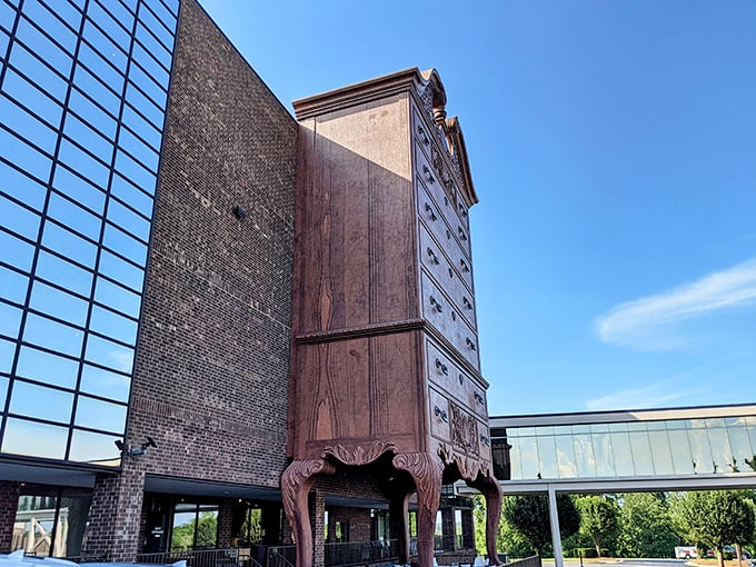 The world's largest highboy dresser isn't compensating for anything – it's actually Furnitureland South's iconic headquarters in Jamestown, NC.