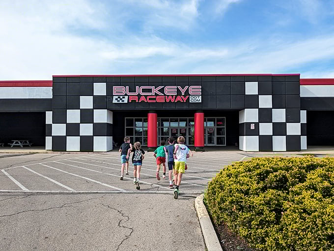 The unassuming exterior hides Columbus's temple of speed. Like finding a Ferrari engine in your grandmother's sedan—surprising thrills await behind these checkerboard walls.