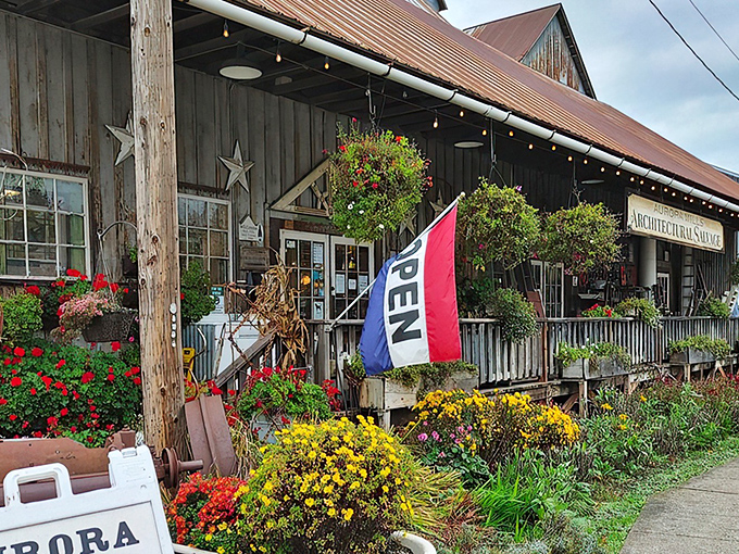 The weathered barn exterior of Aurora Mills isn't just a building—it's a time machine disguised as Oregon's ultimate treasure chest.