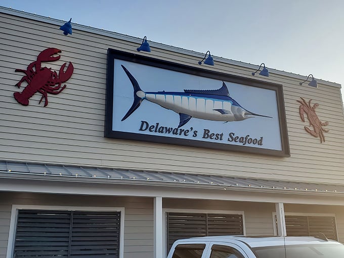 The iconic blue and white checkered sign welcomes hungry seafood pilgrims. Like a lighthouse for your stomach guiding you to flavor shores.