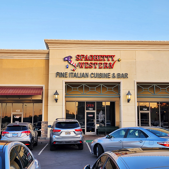 The boot-shaped sign with its patriotic flair promises a culinary showdown between Italian tradition and Western hospitality. No reservations about this reservation.