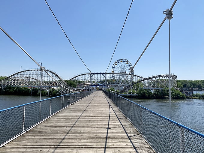 The wooden beauty of Hoosier Hurricane looks even more impressive against Indiana's sky—proof that roller coaster architecture is its own magnificent art form.