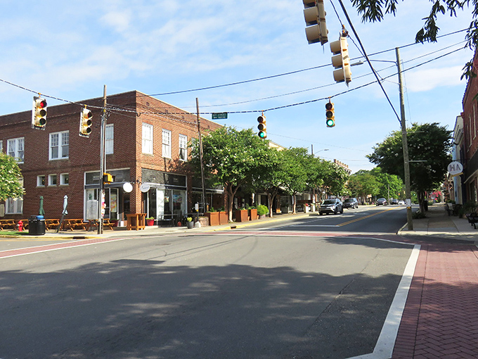 Historic brick buildings line Hillsborough's downtown, where arched windows and classic storefronts create a timeless shopping backdrop that practically begs for exploration.