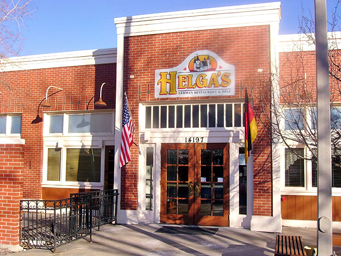 Helga's brick facade welcomes you with American and German flags flanking the entrance—a perfect diplomatic summit for your appetite.