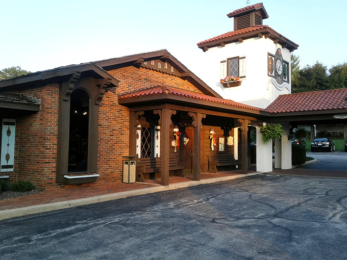The Bavarian-style exterior of Schnitzelbank isn't just architectural flair—it's your first clue that authentic German goodness awaits inside. The clock tower practically screams "time for pretzels!"
