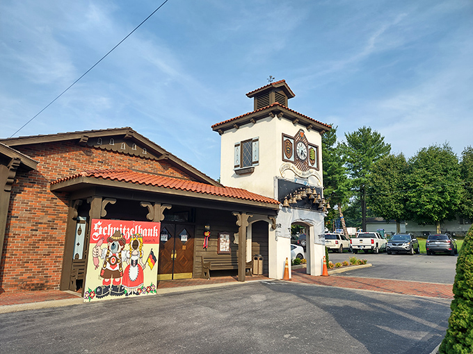 The Bavarian-style exterior of Schnitzelbank isn't just architectural flair—it's your first clue that authentic German goodness awaits inside. The clock tower practically screams "time for pretzels!"