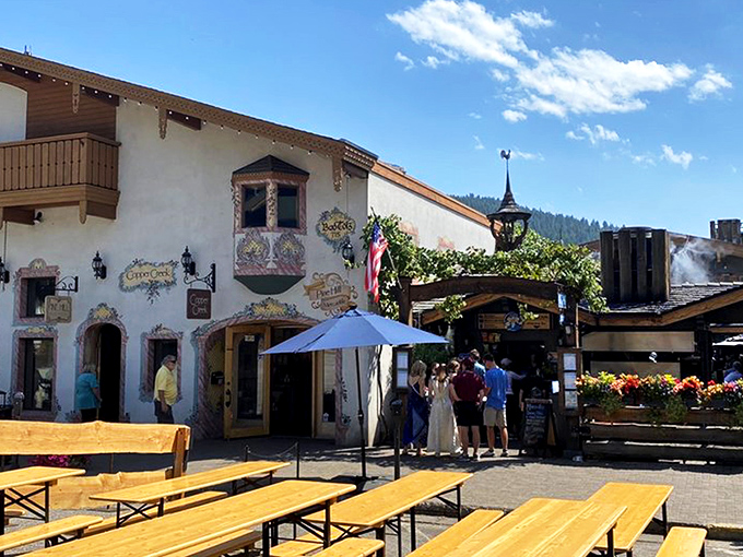 The Bavarian-style exterior of München Haus welcomes visitors with its charming wooden details and inviting fire pits—Germany's soul transplanted to Washington's mountains. 