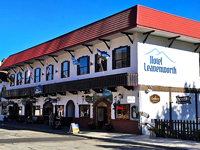 The Bavarian-style exterior of München Haus welcomes visitors with its charming wooden details and inviting fire pits—Germany's soul transplanted to Washington's mountains. 