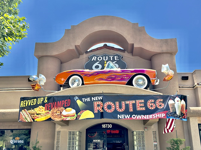 That classic Chevy perched atop the entrance isn't just decoration—it's a time machine disguised as architecture. Welcome to nostalgia central!