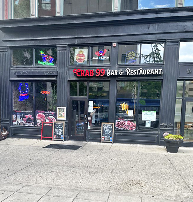 The historic brick façade of Crab 99 Bar & Restaurant stands proudly in downtown Indianapolis, proving great seafood can indeed thrive in landlocked territory.