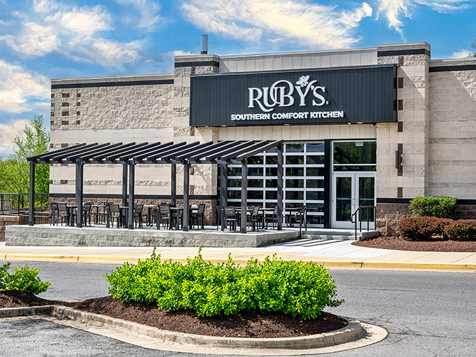 Modern meets Southern charm at Ruby's exterior, where that sleek stone façade is just the appetizer to the comfort food feast waiting inside.