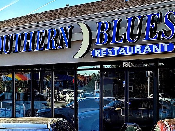 The unassuming storefront of Southern Blues beckons hungry travelers with its bright blue sign – proof that culinary treasures often hide in plain sight.