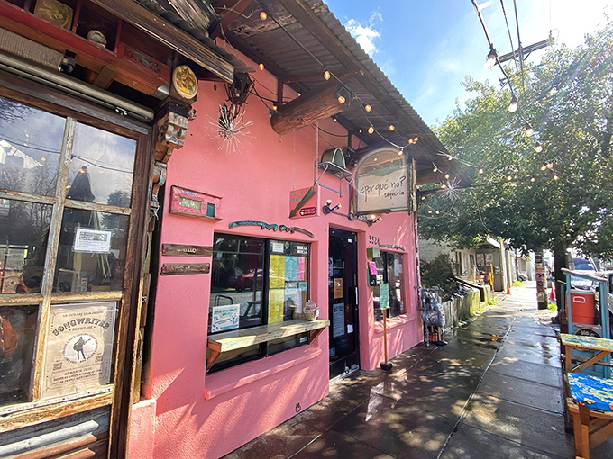 A colorful street-side oasis where Portland's gray skies surrender to the vibrant spirit of Mexico. The pink exterior practically screams "happiness served here!"