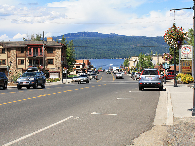 Historic charm meets mountain wilderness on McCall's main street, where brick buildings and wooden awnings create the perfect backdrop for treasure hunting.