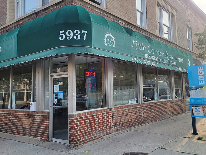 The emerald awning stands like a beacon of comfort on this Chicago street corner, promising simple pleasures without pretension.
