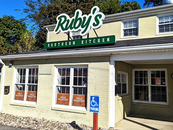 Modern meets Southern charm at Ruby's exterior, where that sleek stone façade is just the appetizer to the comfort food feast waiting inside.