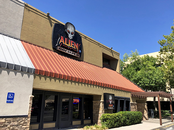 That face says it all – Alien Brewpub's striking exterior sign welcomes earthlings and possible extraterrestrials alike to this uniquely themed Albuquerque hotspot.